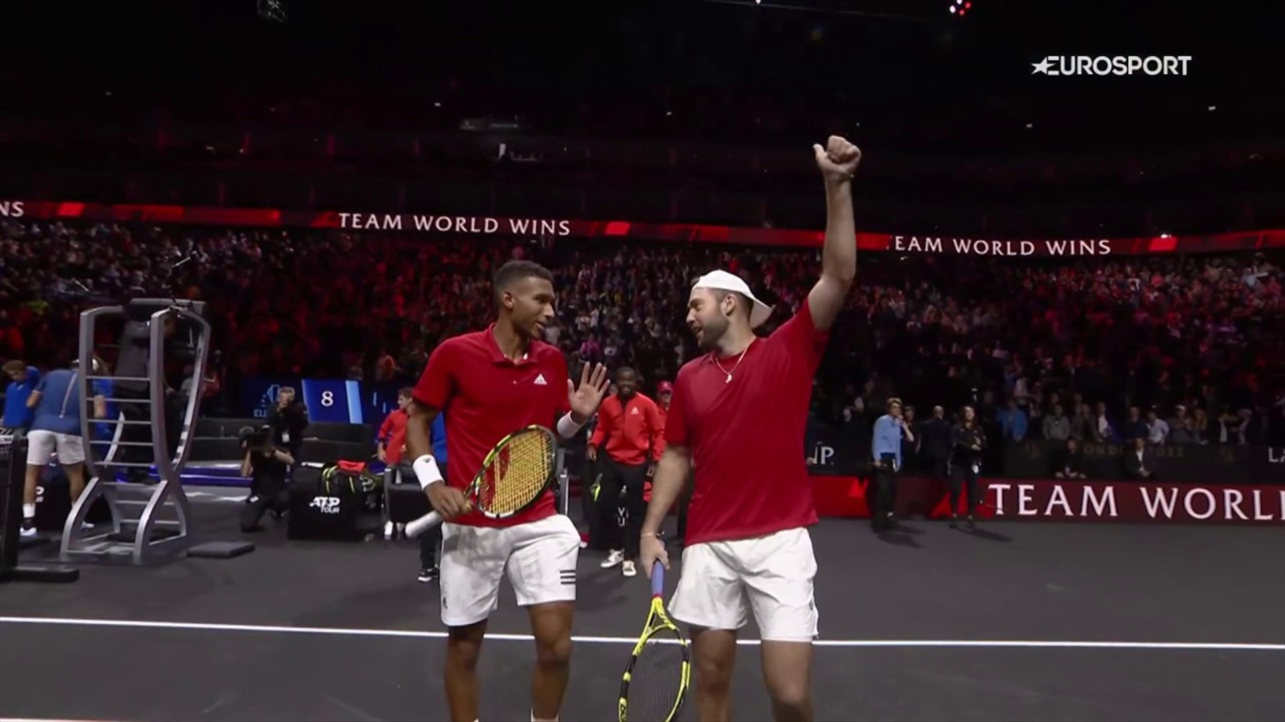 Watch the match point as Team World roar back to deny Andy Murray and Matteo Berrettini in Laver ...