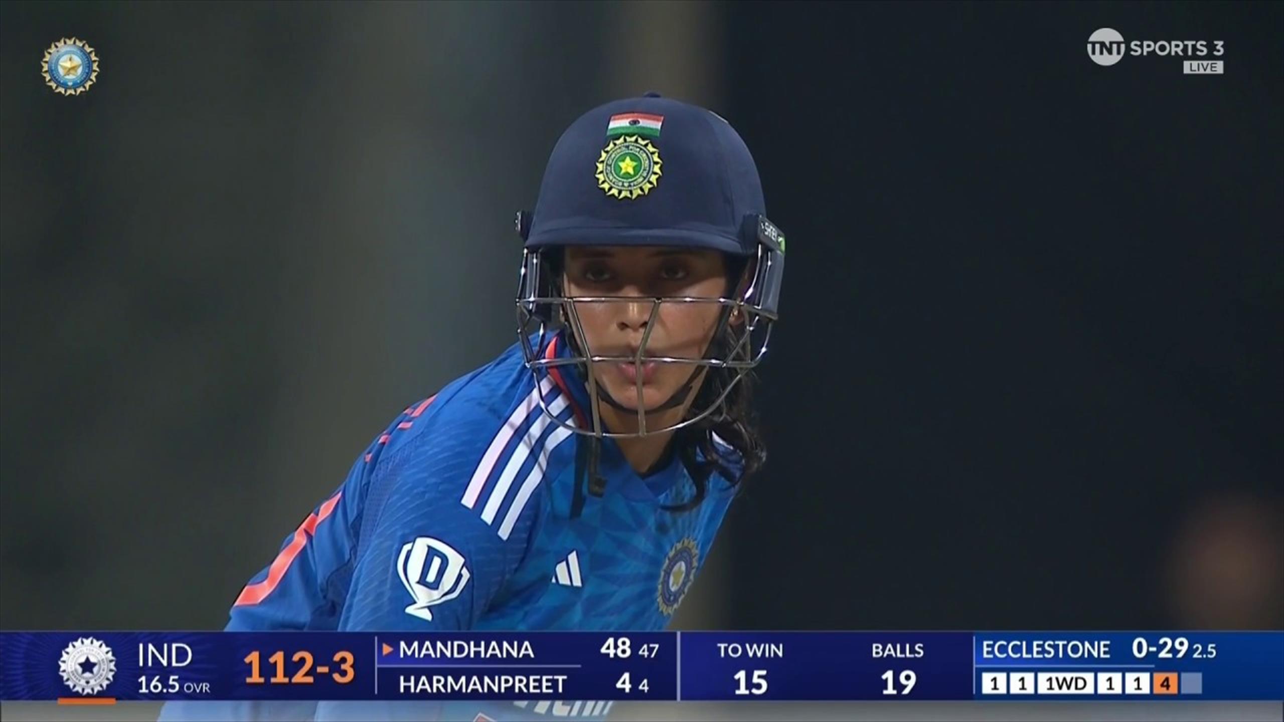 Smriti Mandhana caught by Sophia Dunkley on 48 as India chase England total - Cricket video ...