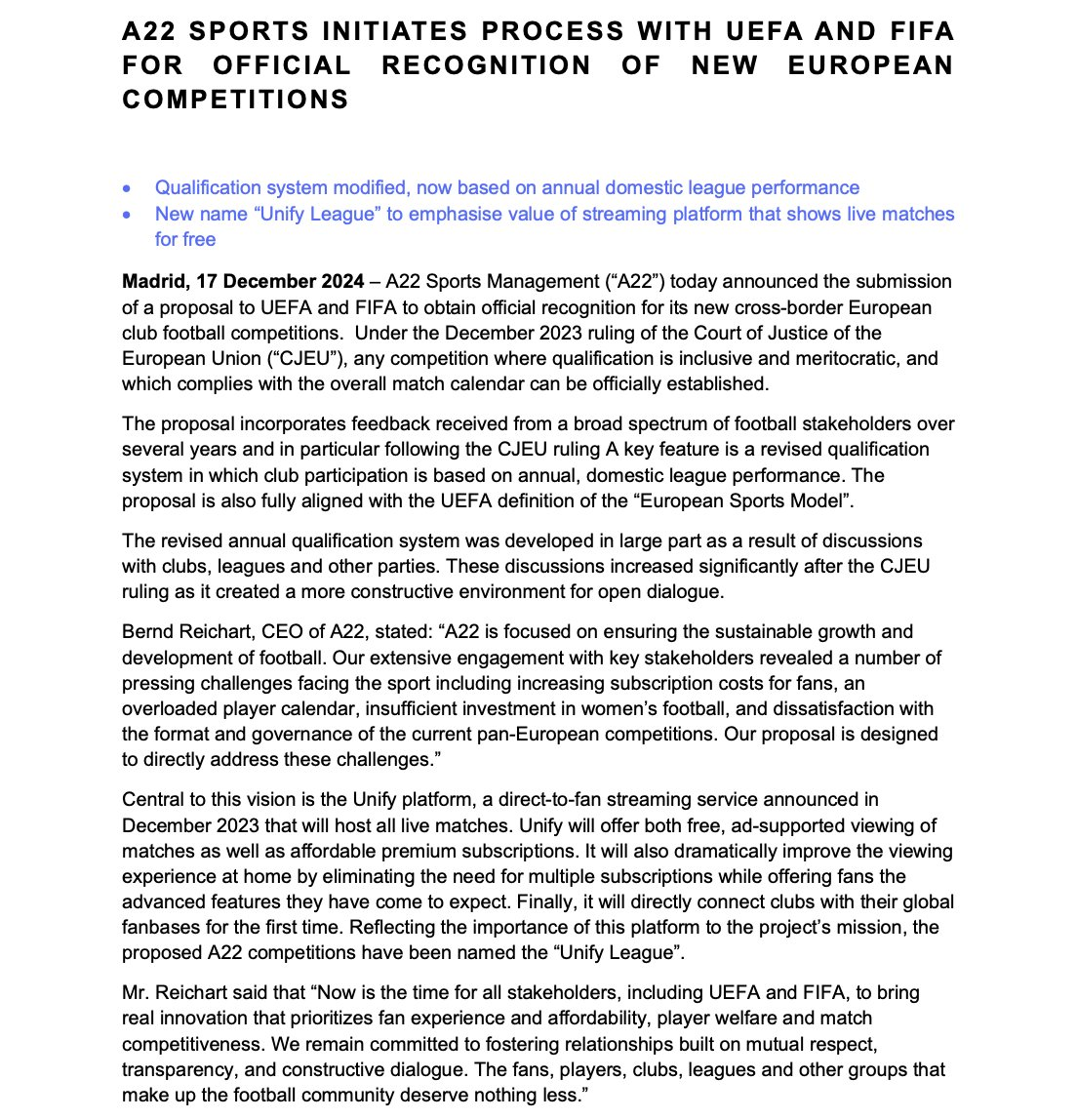 Neue Super League bei UEFA und FIFA beantragt: "Unify League" soll auf ...