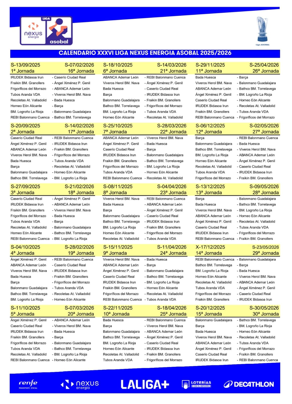 Liga Asobal 2025/2026 | Fechas, jornadas y enfrentamientos - Calendario ...